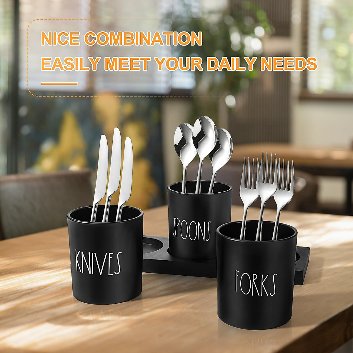 ALPIRIRAL Silverware Caddy, 4 Pieces Kitchen Utensil Holder for Countertop, Black Utensil Holder for Party, Silverware Holder for Party with Wood Tray, Farmhouse Cutlery Holder Storage Organizer