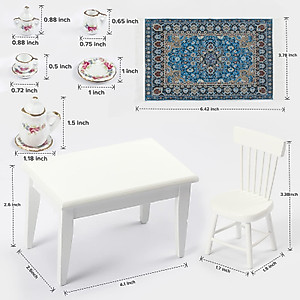 SAMCAMI Miniature Dollhouse Furniture 1 12 Scale - Doll House Furniture Toys for Dollhouse Kitchen - Wooden Dollhouse Furniture Set Incl Dining Table with Chairs, Tea Set, Carpet (White)