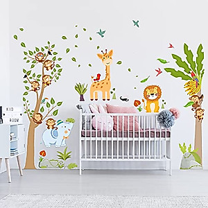 AnFigure Jungle Animal Wall Stickers Giraffe Elephant Lion Wall Decals Forest Monkey Tree Wall Stickers for Kids Girls Boy Baby Room Nursery Playroom Daycare Bedroom Kindergarten Wall Decor
