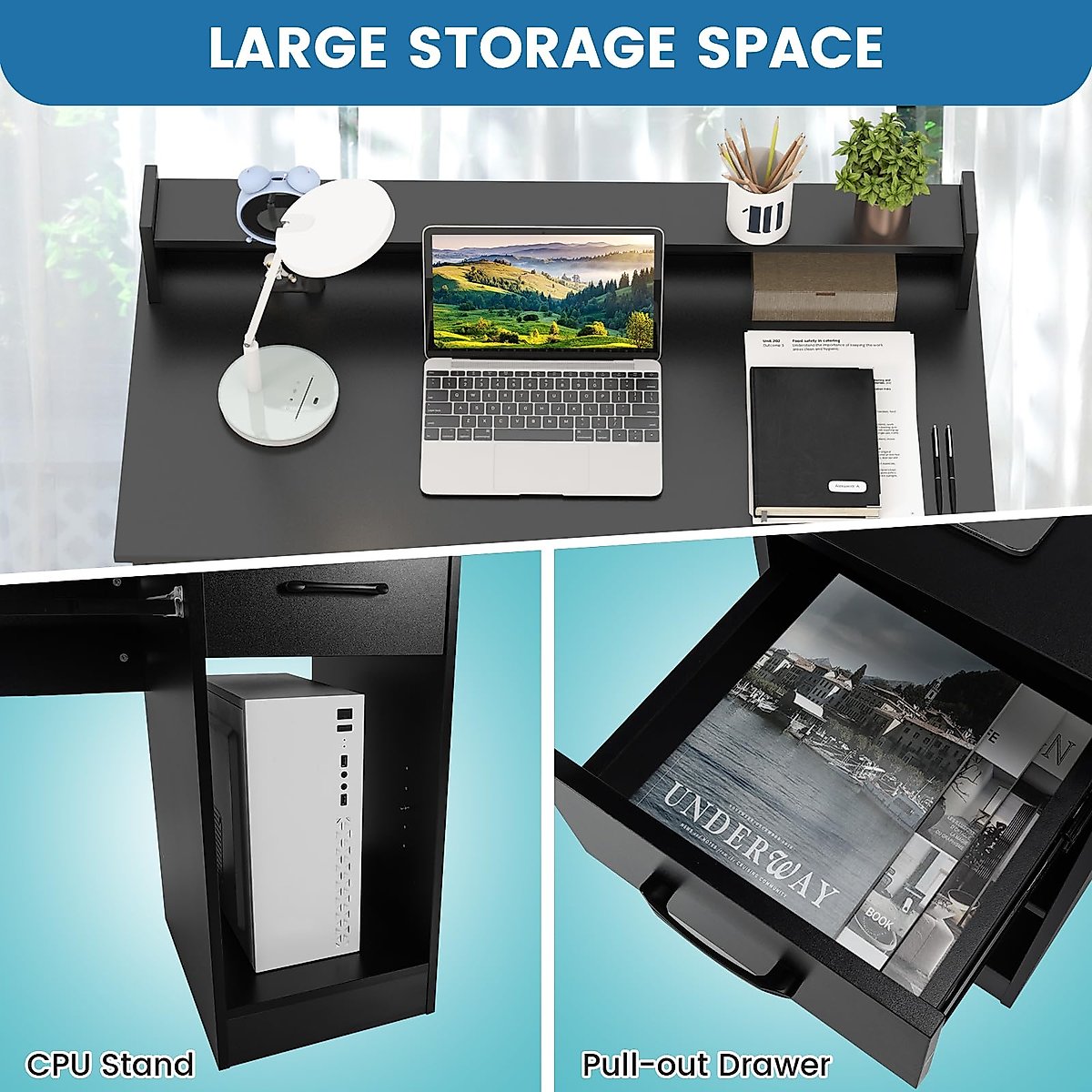 HAPPYGRILL Computer Desk with Monitor Stand, Home PC Office Desk with Keyboard Tray, Drawer & CPU Stand, Study Writing Desk Home Workstation Desk with Display Shelf
