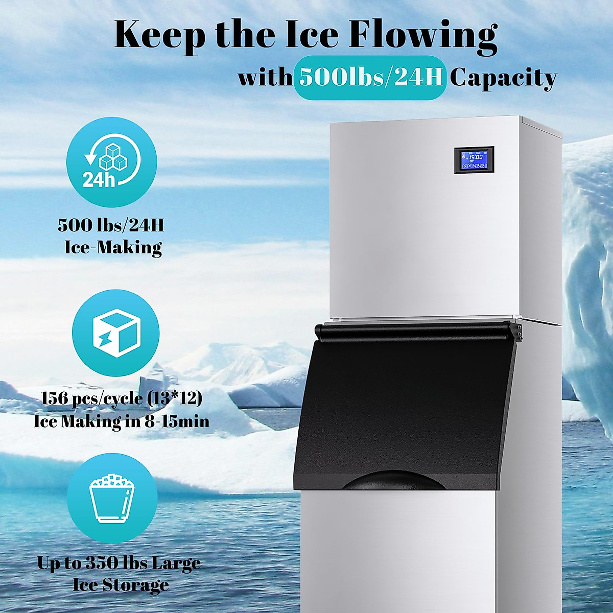 COTLIN Commercial Ice Machine Maker 500Lbs/24H with 350Lbs Storage Bin, 22" Industrial Ice Maker Ice-Ready in 8-15mins, SECOP Compressor, Cube Ice Maker Machine for Bar/Restaurant/Cafe