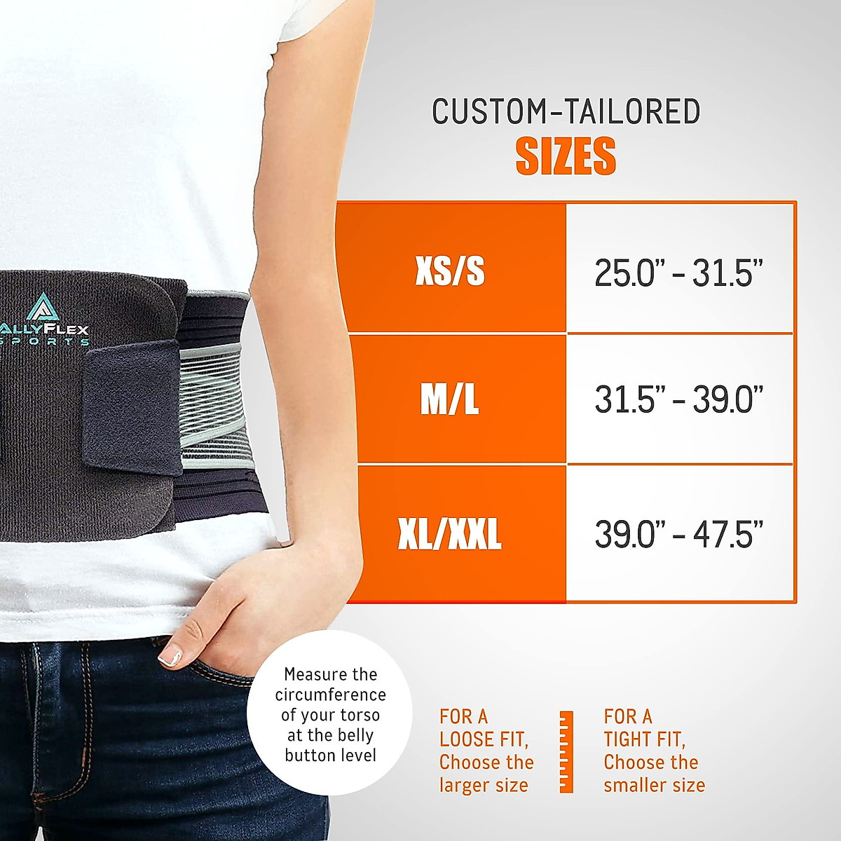 AllyFlex Sports® - Lumbar Support Belt for Women for Back Pain, Slim-Fit Back Brace for Men, Breathable Compression Back Support Brace, 41.5 inches, Medium/Large