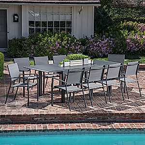 Hanover 11-Piece 40" x 94" Cameron Modern Outdoor Dining Set, 10 Stackable Sling Chairs, 40'' x 94'' Expandable Table, Durable, Weather Protected Aluminum Frame, Gray