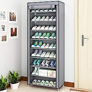 GREEF 10 Tier 30 Pairs Shoe Rack with Dustproof Cover Large Shoe Storage Organizer Cabinet for Closet, Bedroom, Entryway, Hallway, Dorm Room (Grey)