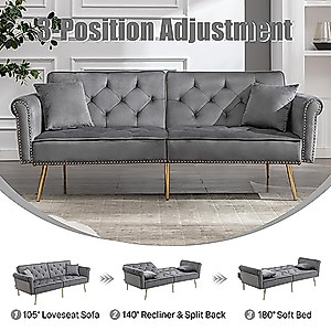 civama Futon Sofa Bed, Velvet 76" Twin Size Couch with 2 Pillows, Convertible 3-Seater 3 Adjustable Angle Tufted Sleeper with Nailhead Trim, Golden Metal Legs Folding Futon for Living Space, Gray