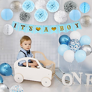 Ouddy Party Blue Baby Shower Decorations for Boy with Its a Boy Banner, Baby Boy Letter Metallic Blue Gray Silver Balloon Paper Pom Poms Honeycomb Ball for Boy Baby Shower Gender Reveal Party Supplies