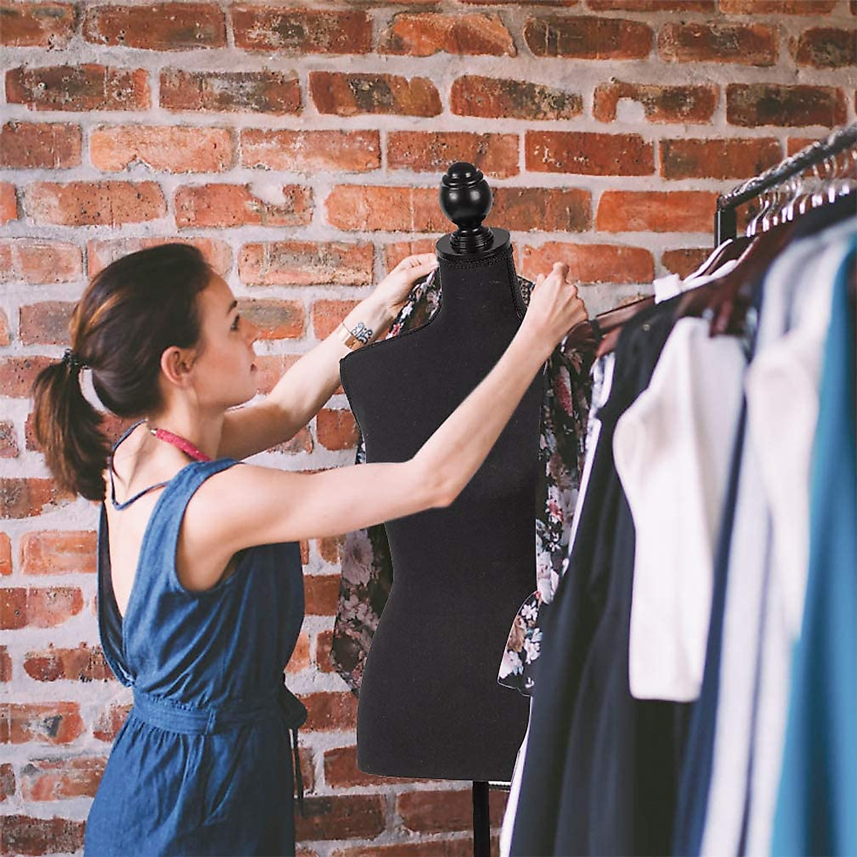 Female Mannequin Torso Dress Form Manikin Body with Wooden Tripod Base Stand Adjustable 60-67 Inch for Sewing Dressmakers Dress Jewelry Display,Black