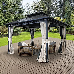 UXZDX 12 Ft. X 10 Ft. Black 2-Tier Double Roof Metal Hard Top Gazebo with Curtains and Netting
