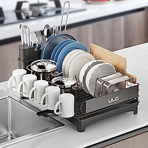 ULG Dish Drying Rack with Drainboard, Countertop Dish Rack, Rustproof Dish Drainer for Kitchen Counter, Draining Rack with Detachable Utensil Holder, Adjustable Swivel Spout Dish Strainers, Black