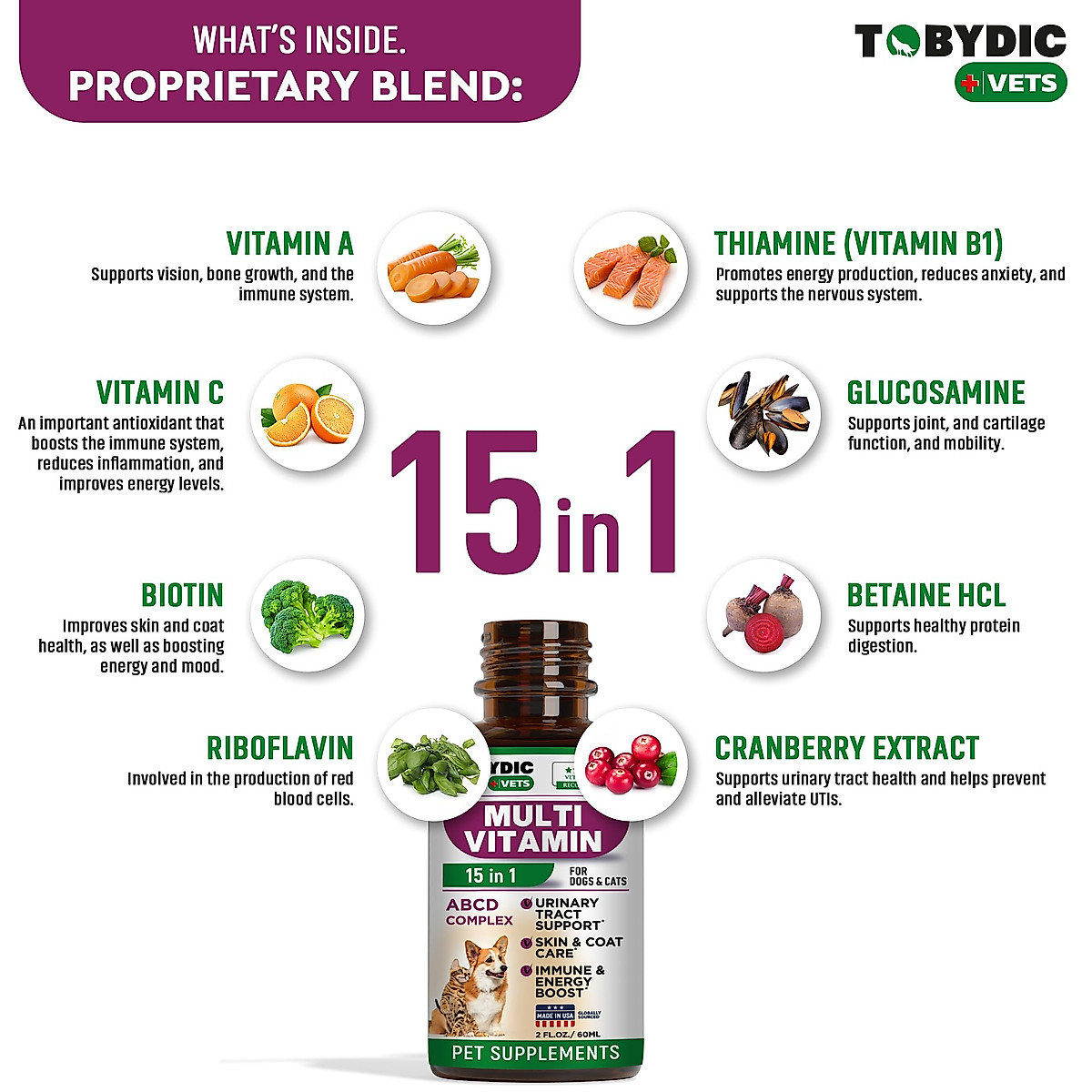 TOBYDIC Cat & Dog Multivitamin -15 in 1 Pet Supplements with Cranberry & Glucosamine - Natural Medicine & Support for UTI, Urinary Tract, Bladder, Kidney, Skin Coat, Joints Treatment Made in USA