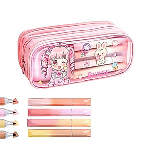 MILLEVIBE ITA Pencil Pouch Kawaii Large Capacity Pen Case : Cute Aesthetic Pencil Box Stationery Supplies for Teen Girls, 4 Included Highlighters (Pink)