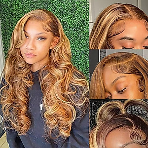 KeaBalo Highlight Ombre Lace Front Wigs Human Hair Pre Plucked with Baby Hair 13x4 Body Wave Frontal Wigs Human Hair 180% Density 4/27 Colored Honey Blonde Lace Front Wig for Women 22 Inch