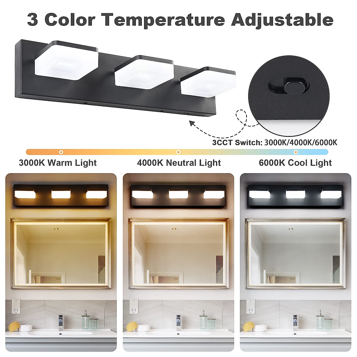 3 Colors Dimmable Black Bathroom Light Fixtures over Mirror LED Vanity Lights for Bathroom Acrylic Stainless Steel 3 Light Bathroom Vanity Light Fixtures, Adjustable 3000K/4000K/6000K, 360° Rotate