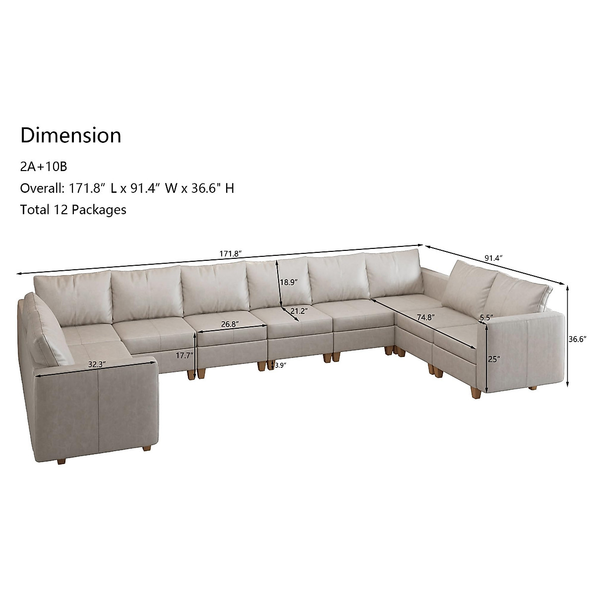 EASE MOOSE Large Sectional Sofa U Shaped Sectional Couch with Storage, Faux Leather Modular Sofa Convertible Sleeper Sofa with Reversible Chaises, Whitesand