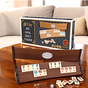 LaModaHome Premium Curved Rummy, Okey, 101 Game Set, Portable Bag, Unscratchable Tiles and Racks, Outdoor and Indoor Game for Family & Friends, Classic Travel Tabletop Fun - Brown