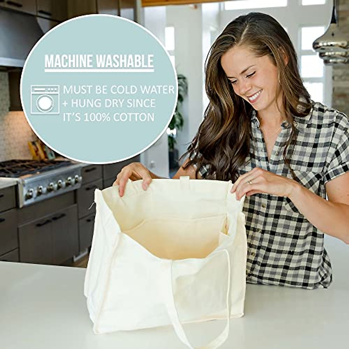 Reusable Grocery Bags Set of 12, 100% Cotton Plain Cloth Blank Canvas Heavy Duty Bag Bundle, With Handles for Shopping, Produce, Farmers Market, Include 3 Small, 3 Medium, 3 Large Mesh Bags, 3 Tote