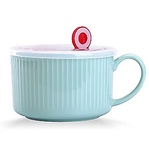 WHJY 30oz Ceramic Bowl with Lid and Handle for Soup and Instant Noodles Soup Mug, Modern Simple Style, with Heat Preservation Handle - Blue