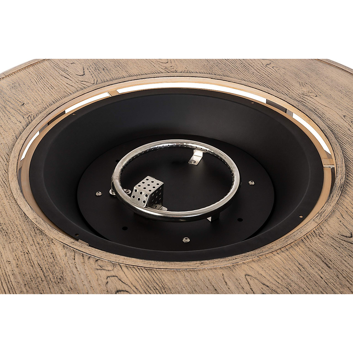 Fire Sense 62739 Thatcher Woodgrain Aluminum Convertible Gas Fire Pit Table 55,000 BTU Outdoor Portable with Fire Bowl Lid, Nylon Weather Cover & Clear Fire Glass - Driftwood Finish - Round - 42"