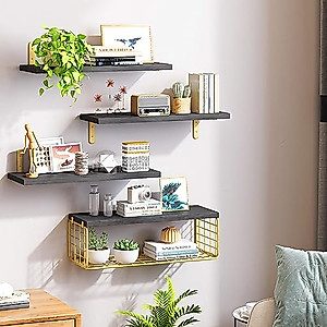 Fixwal 4+1 Tier Floating Shelves Rustic Wood Wall Mounted Shelf, Bathroom Shelves Over Toilet with Wire Storage Basket, Farmhouse Wall Decor for Bedroom, Kitchen, Living Room and Plants (Black Gold)