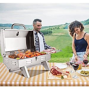 ROVSUN Portable Tabletop Propane Grill, Outdoor Gas Grill with Built-in Thermometer & Full Stainless Steel Body for Picnic Camping BBQ RV Patio Garden