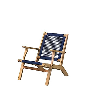 Patio Sense 63634 Vega Natural Stain Outdoor Chair Acacia Wood Construction Woven Web Seat Mid Century Design Comfortable Reclining Armchair Patio Lawn Garden Backyard Deck - Navy Blue Cording