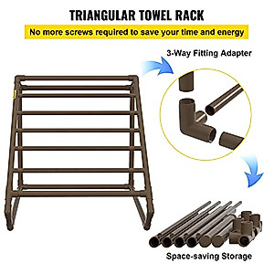 VEVOR Pool Towel Rack, 8 Bar, Brown, Freestanding Outdoor PVC Triangular Poolside Storage Organizer, Include 8 Towel Clips, Mesh Bag, Hook, Also Stores Floats and Paddles, for Beach, Swimming Pool