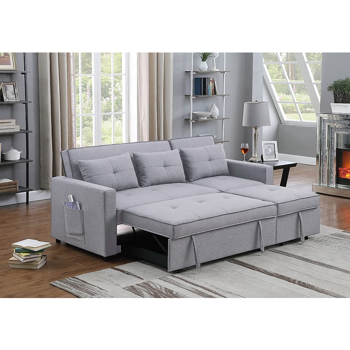 Favfurish 80'' L-Shape Convertible Sleeper Sectional Sofa with Pull-Out Recliner and Bed, Side Pocket, Linen Corner 3 Person Couch for Home Furniture, Living Room, Apartment, Dorm, Light Grey