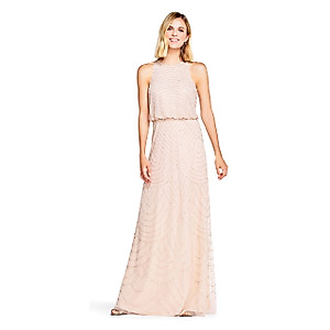 Adrianna Papell Womens Art Deco Beaded Blouson Dress with Halter Neckline, Blush, 16