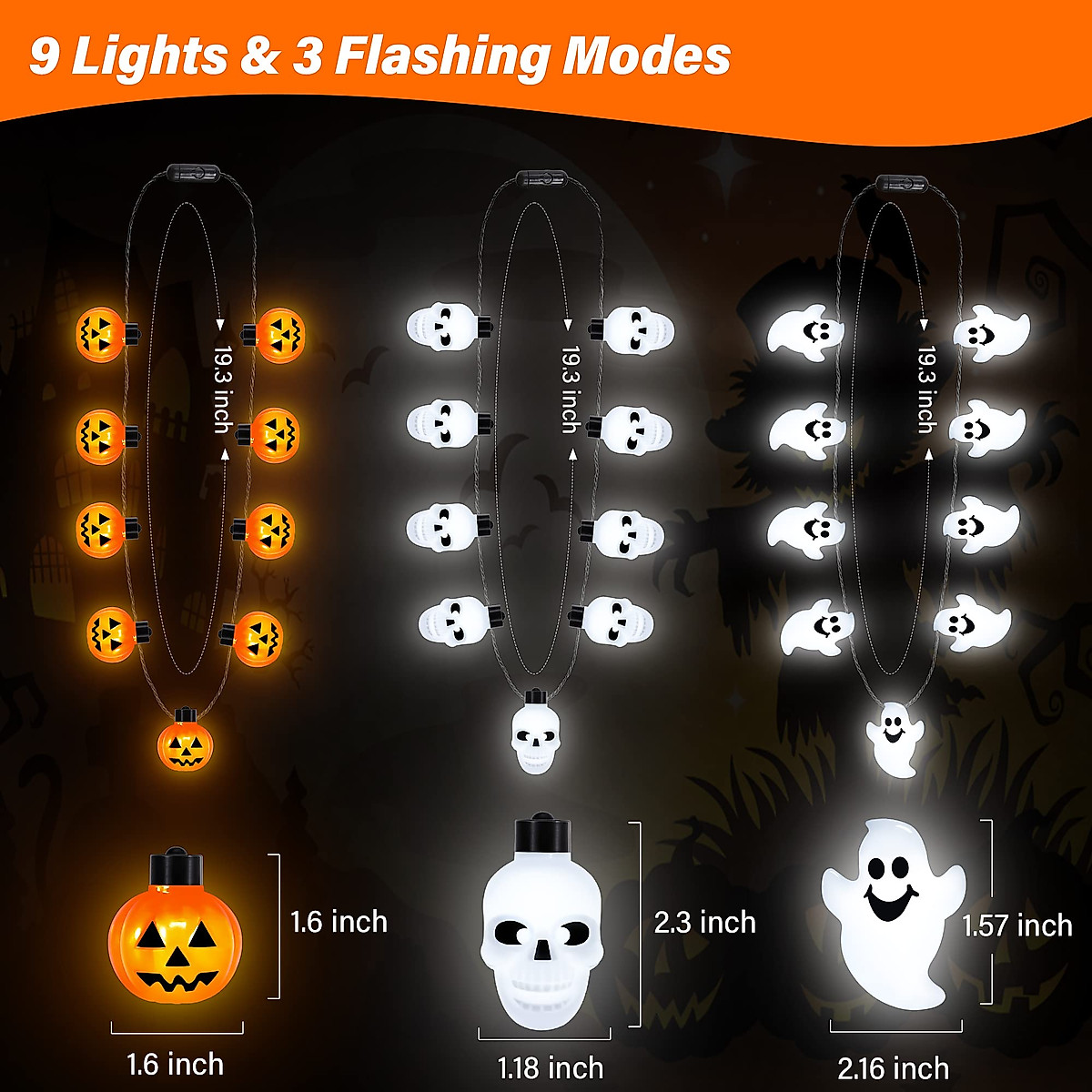 Halloween Necklaces Accessories, 3Pcs Halloween Light Up Necklace, Halloween Pumpkin Skull Ghost Glow Necklaces, 3D Light Halloween Party Favors Necklaces for Trick or Treat Halloween Decorations