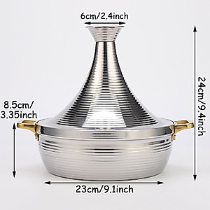 Topjia Moroccan Tagine Cooking Pot,Stainless Steel Non Stick Moroccan Casserole with 2 Handles,Large Moroccan Cooker Handmade Tagine Pot with Cone-Shaped Lid(23cm, Silver), 1776982