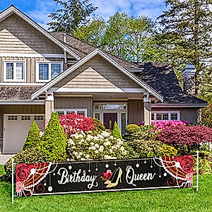 Meltelot Large Red Rose Gold High Heels Happy Banner Red Rose Pearl Shining Lady Queen Women Birthday Party Decorations for Girl Princess 1st Birthday Party Yard Banner for Outdoor Indoor (9.8x1.6ft)