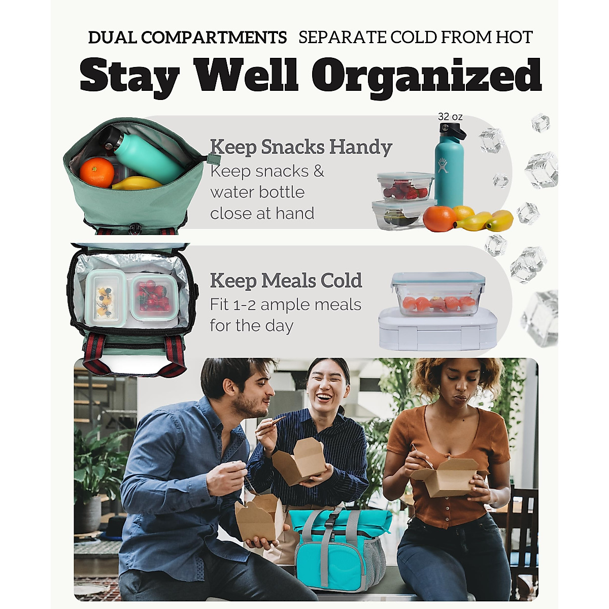 SUNNY BIRD Dual Compartment Lunch Bag Insulated Lunch Box for Women and Men (Green with boho strap)