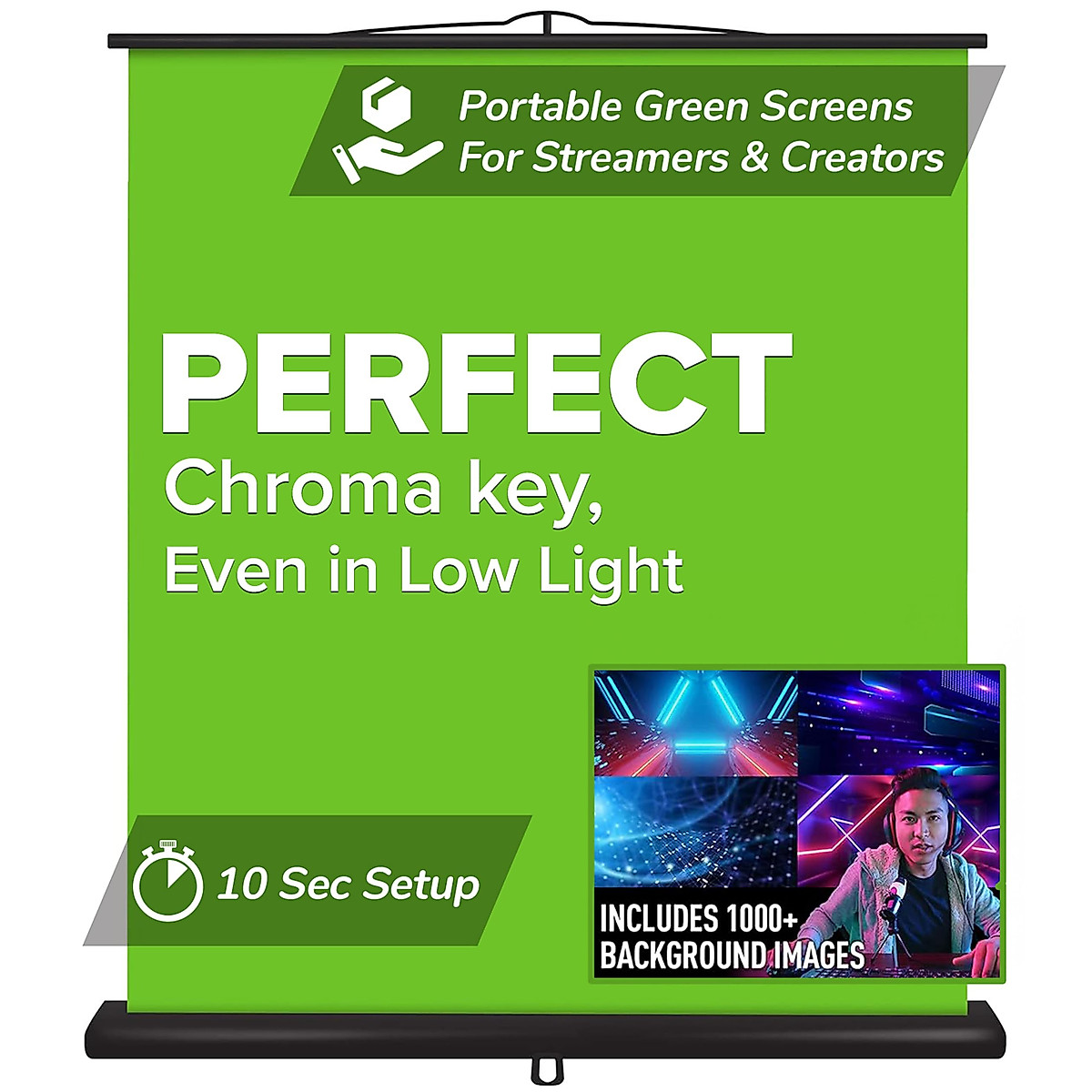 Valera Creator Green Screen – Collapsible Chroma Key Panel,+1000 Free Backgrounds Included, Portable Retractable Wrinkle Resistant Fabric Backdrop, Adjustable Height, 10 Second Setup