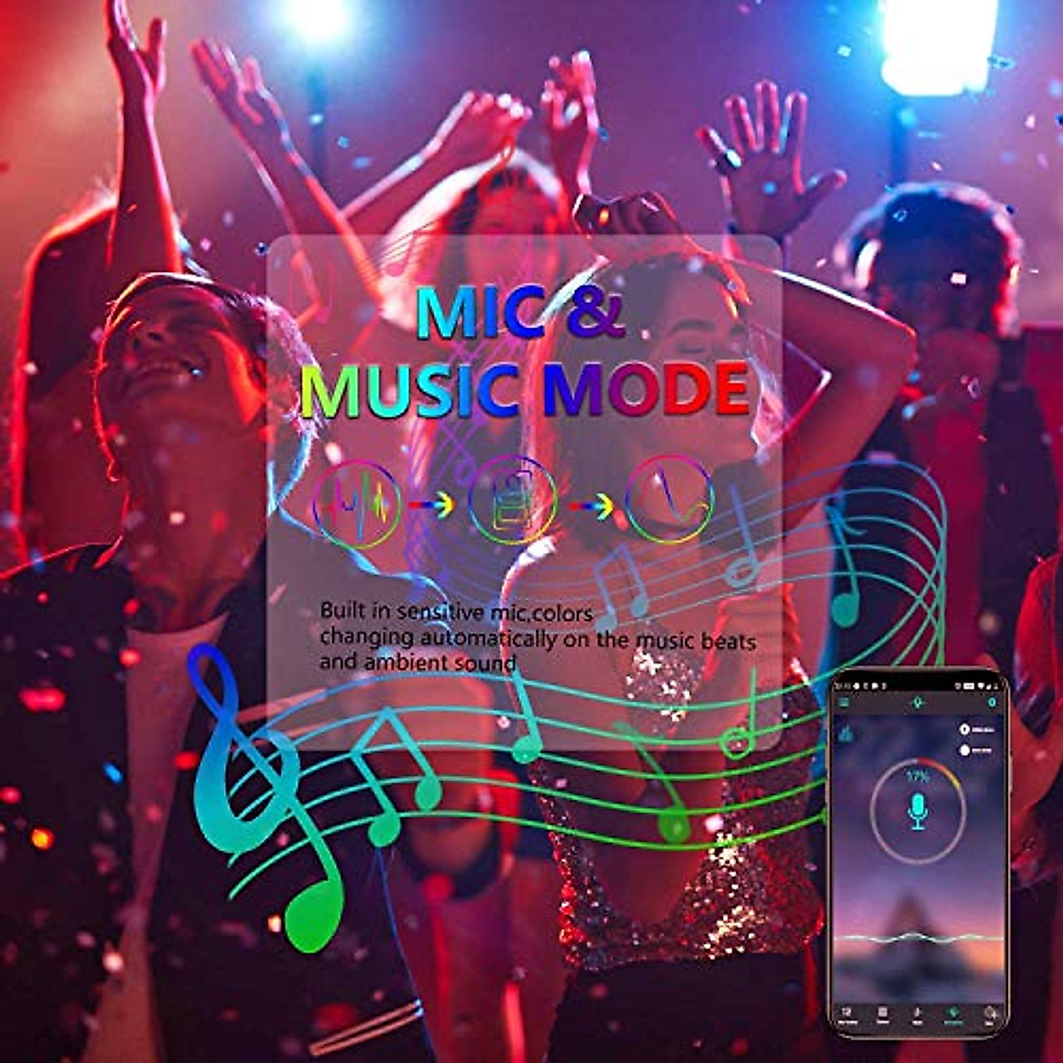 Vbakor 50Ft Smart Led Strip Lights with Music Sync, 5050 450LEDs RGB Strip Lights with Remote Controller, Sensitive Built-in Mic, App Controlled LED Lights Tape Lights for Home, Ceiling, Bedroom