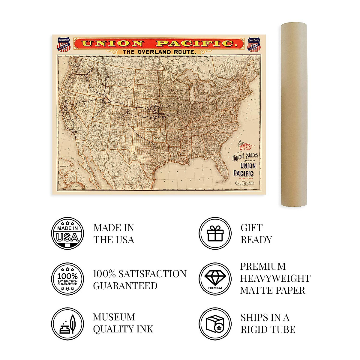 HISTORIX Vintage 1892 United States Map - 18x24 Inch Vintage Map of United States Wall Art - Old Wall Map of The United States of America Showing Union Pacific Overland Route and Connections