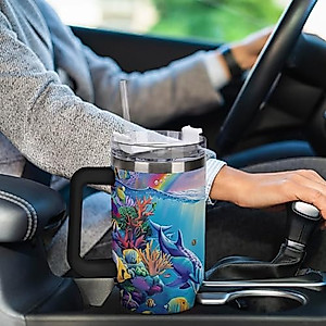 Dolphin 40OZ Tumbler Stainless Steel Travel Mug Water Bottle Car Cup Tea Cups with Lid Black-style