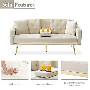 POCIYIHOME Button Tufted Convertible Futon Sofa Bed with 3 Angle adjustment of backrest, Velvet Sleeper Couch Daybed Loveseat with 2 Cup Holders, 2 Pillows and Square Armrests for Compact Space, Beige