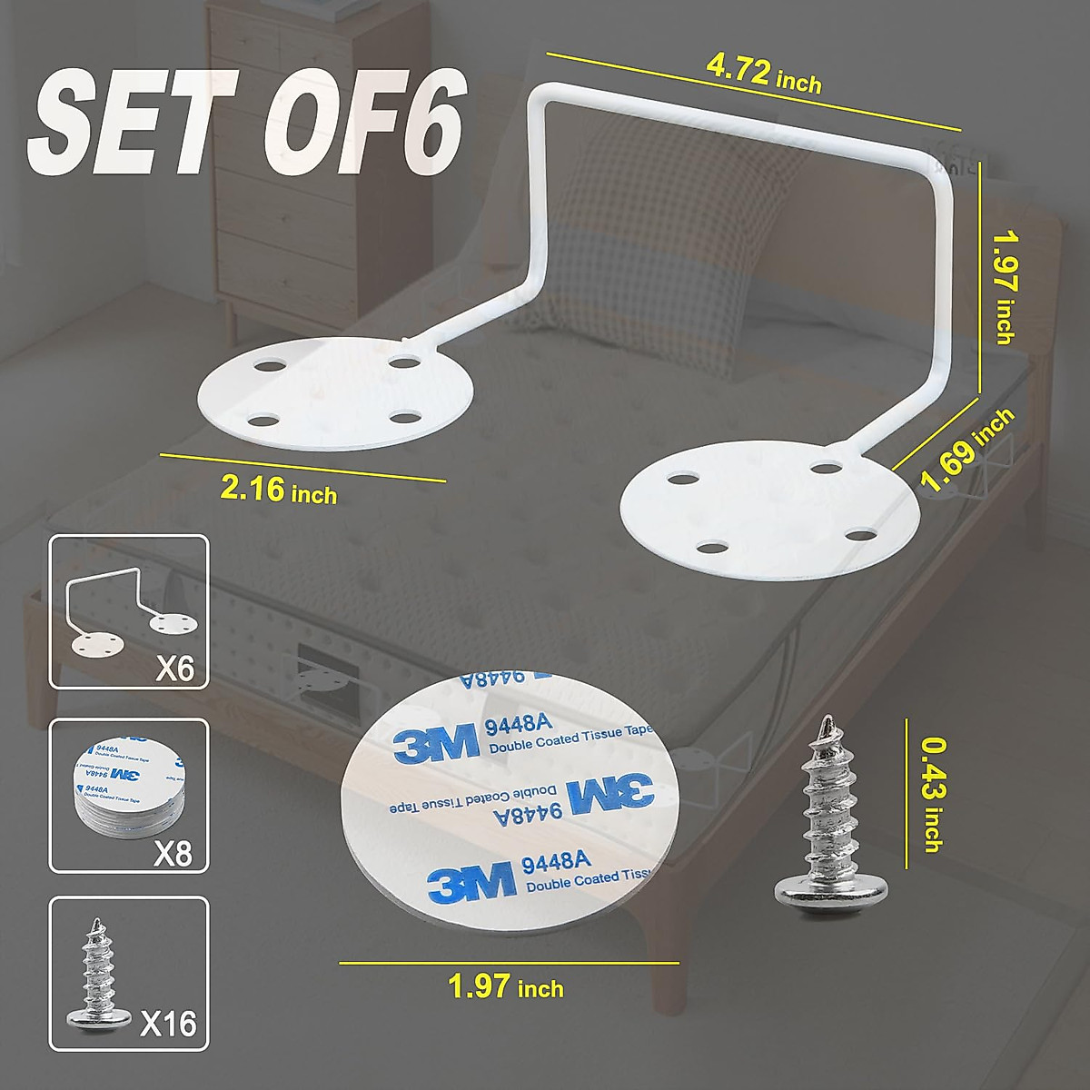 Non Slip Mattress Slide Stopper, Retainer Bar Anti-Slip Baffle Secure Grip Fits Most Wooden Bed Frames Easy Installation Metal Pad Gripper 6PCS White