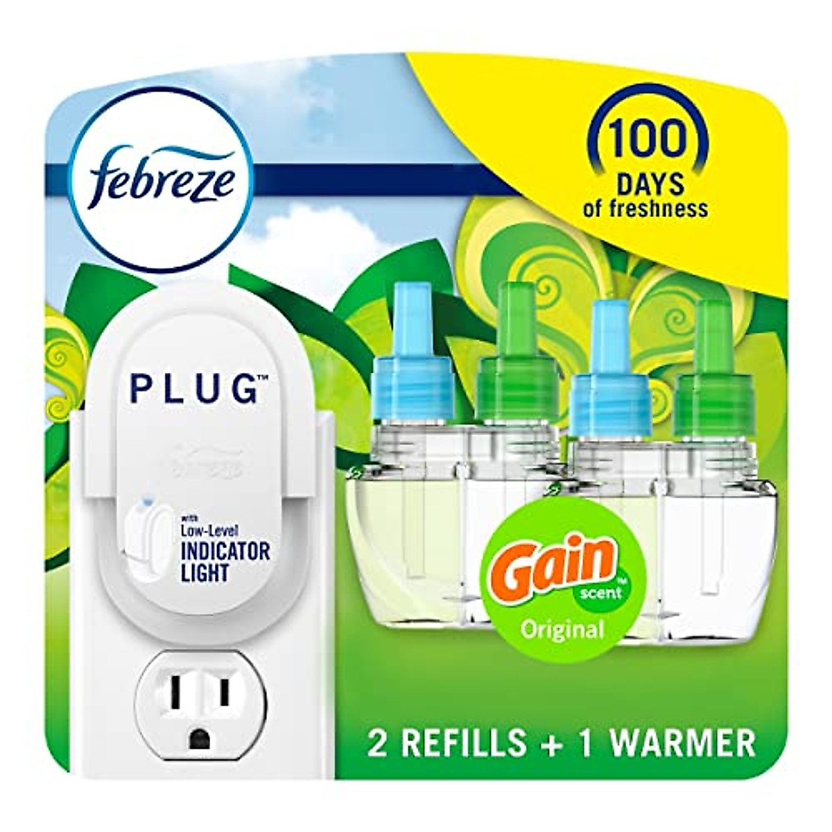 Febreze Plug In Air Fresheners For Home, Air Freshener Plug In, Gain Scent, Odor Fighter for Strong Odors, 1 Warmer + 2 Oil Refills