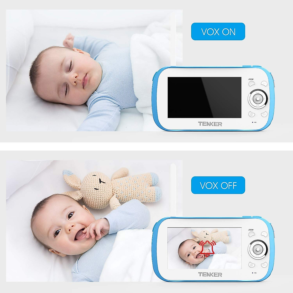 TENKER Video Baby Monitor with Camera and Audio, 4.3 LCD Baby Monitor with Night Vision, Non-WiFi, VOX, Lullaby, Two Way Talk, Temperature Detection, 270°Pan-Tilt-Zoom and Video Record