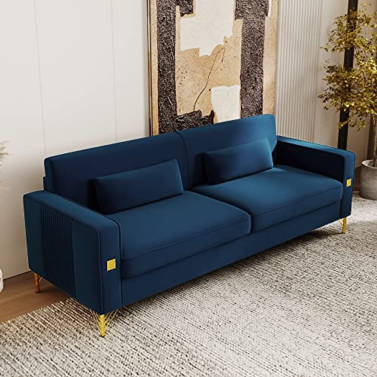 LostCat 85'' Velvet Sofa Couch Mid Century Modern Upholstered 3-Seater Loveseat with 2 Pillows and Armrest for Living Room, Apartment and Small Space, Retro Blue