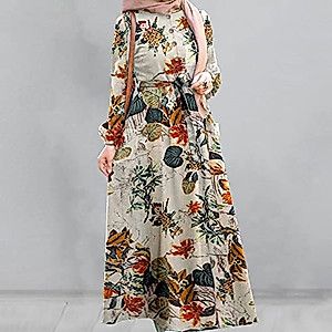 LKPJJFRG High Waist Smocked Flowy Tiered Mixi Dress O-Neck Long Sleeve A line Dress Casual Long Sleeve A Line Long Dress Yellow