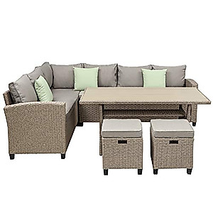 LCH Patio Furniture, 5 Piece Outdoor Conversation Set,All-Weather Wicker Dining Table Chair with Ottoman and Throw Pillows for Lawn, Backyard, Garden, Poolside and Balcony, Beige