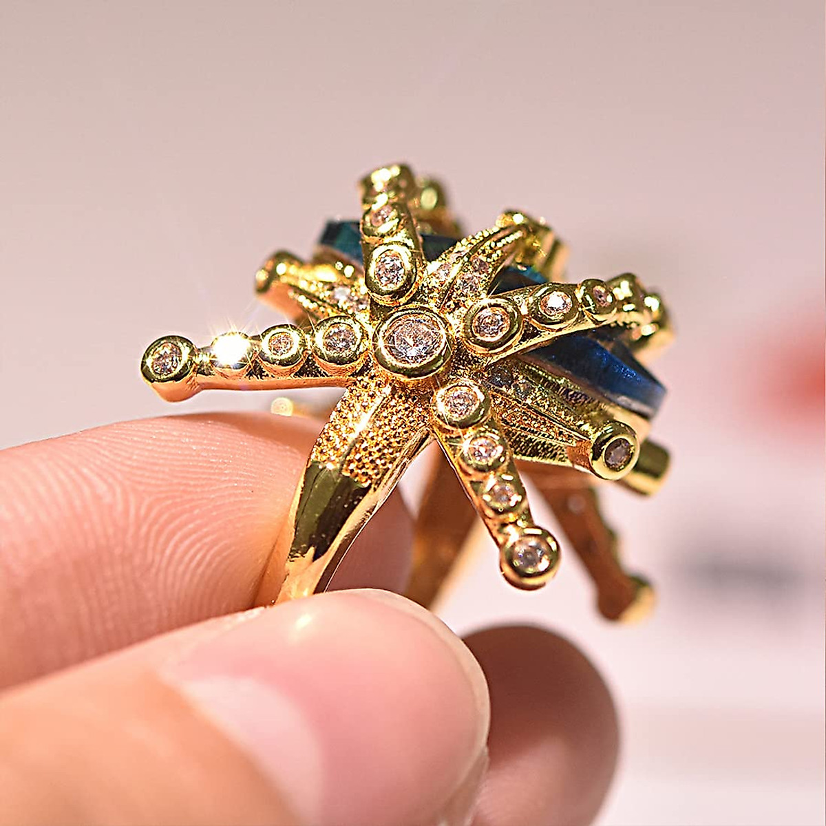 MYLYAHY Womens Exaggeration Starfish Blue Cubic Zirconia Ring,14K Yellow Gold Sapphire Ring Blue Gemstone CZ Crystal Punk Biker Gothic Cocktail Party Ring Jewelry Gift for Women Girls Her (Ring_A, 8)