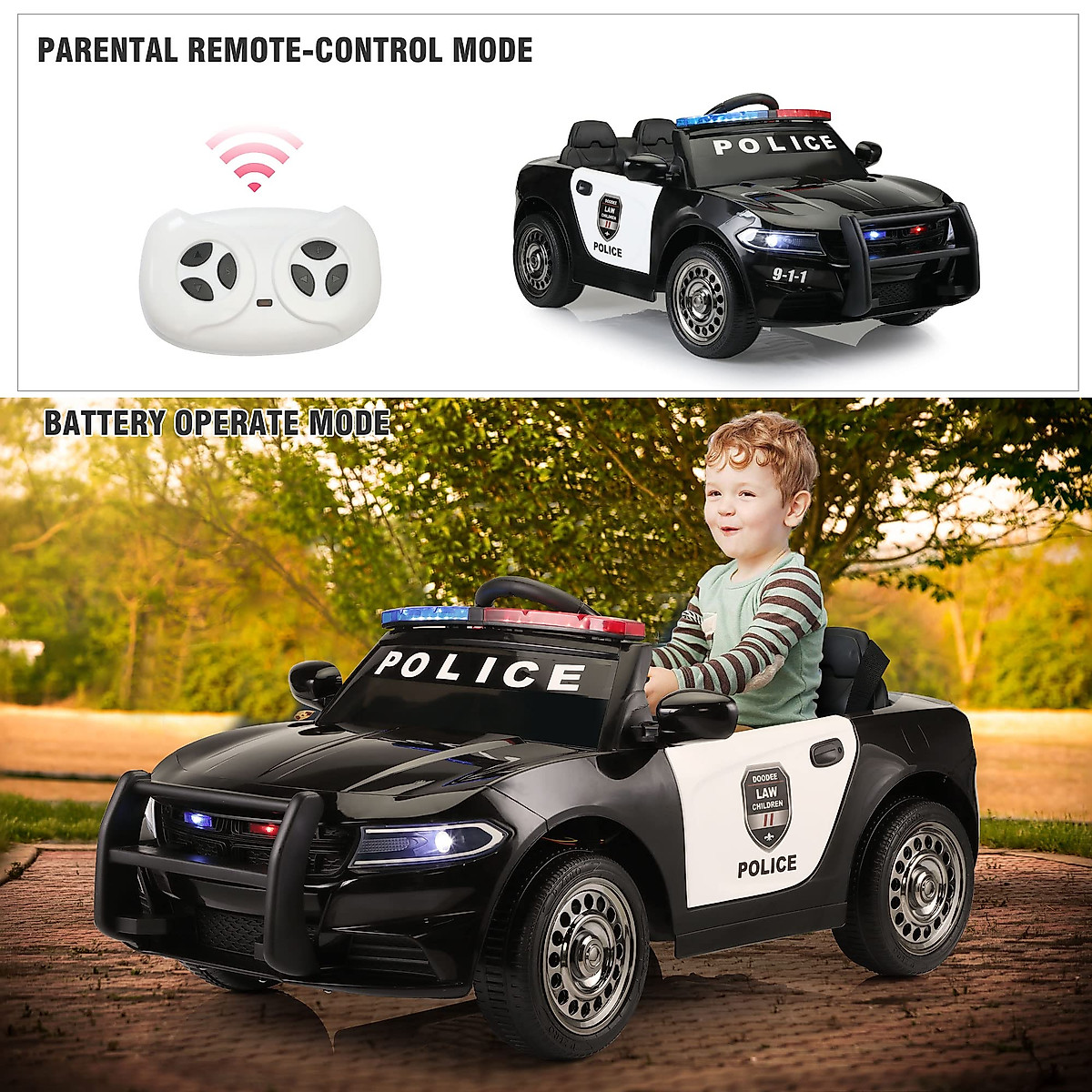 TOBBI 12V Kids Police Car Ride on with Remote Control, Battery Powered Vehicle Electric Car for Kids w/Siren Flashing Light, Megaphone, Car Keys, USB, Music, Spring Suspension, Pull Rod, Black
