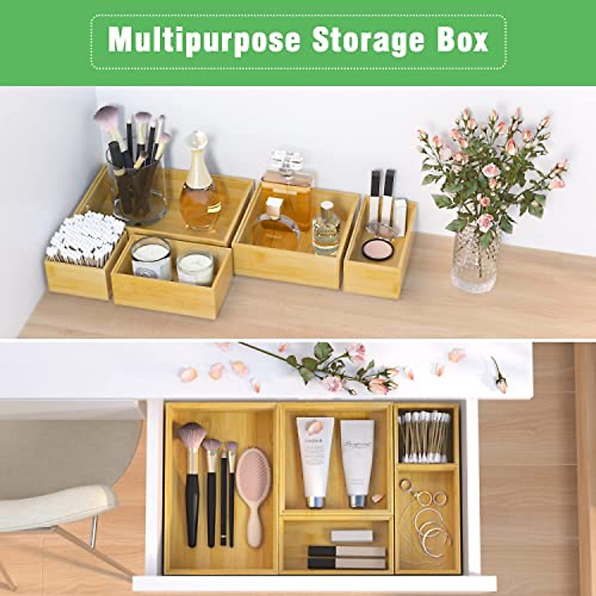 Bamboo Bathroom Drawer Organizer Dividers, Wooden Kitchen Utensil Holder Set of 5, Stackable Junk Drawer Organizer Tray, Multi-Use Storage Bins Boxs for Home, Office, Clothing, Makeup, Jewelry