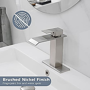 BWE Waterfall Bathroom Faucet Brushed Nickel with Pop Up Drain Stopper Overflow Assembly and Supply Hose Single Handle for Sink 1 Hole Bathroom Sink Faucet Parts Spout Bath Lavatory Vanity