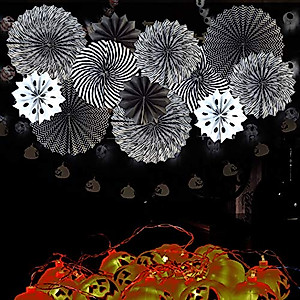 18pcs Party Hanging Paper Fans Set Black White Round Paper Fans Decorative Pattern Folding Fans Halloween Hanging Paper Fan Garlands for Halloween Birthday Wedding Graduation Events Accessories