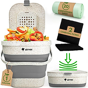 AIRNEX Collapsible Countertop Compost Bin with Lid - 1 Gallon Food Waste Bin for Kitchen Made of Wheat Straw - Odor Free Indoor Compost Bin for Kitchen with Compostable Trash Bags and Carbon Filters