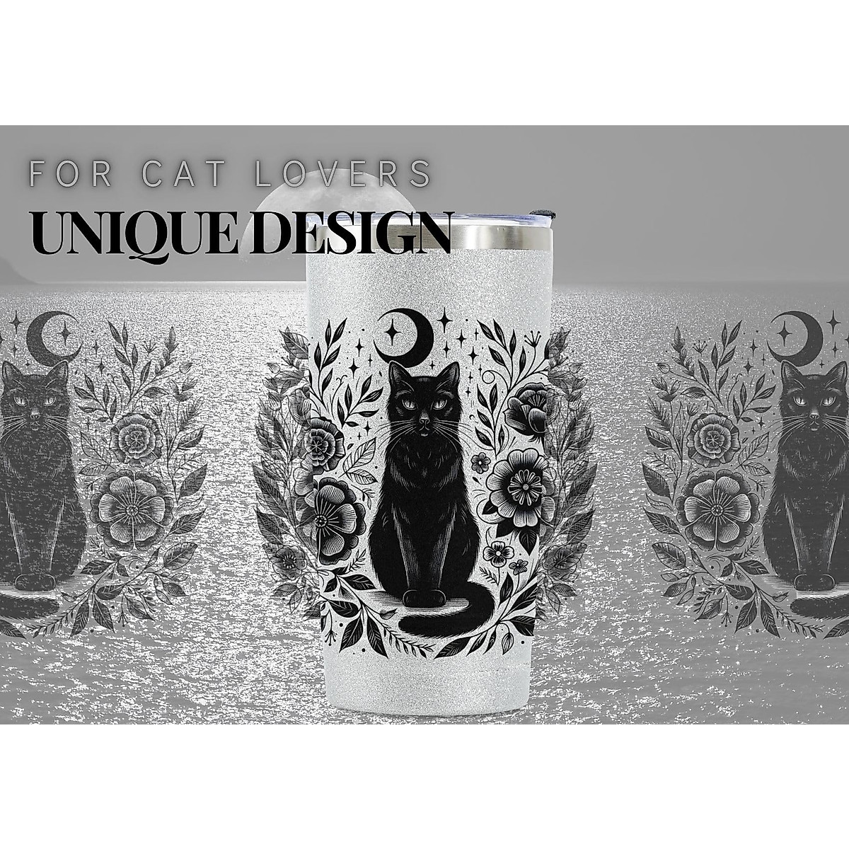 Onebttl Black Cat Gifts for Cat Lovers, Insulated Stainless Steel Tumblers with Lids and Straws, Witch gifts for Christmas, Glitter Silver, 20 oz, Gothic